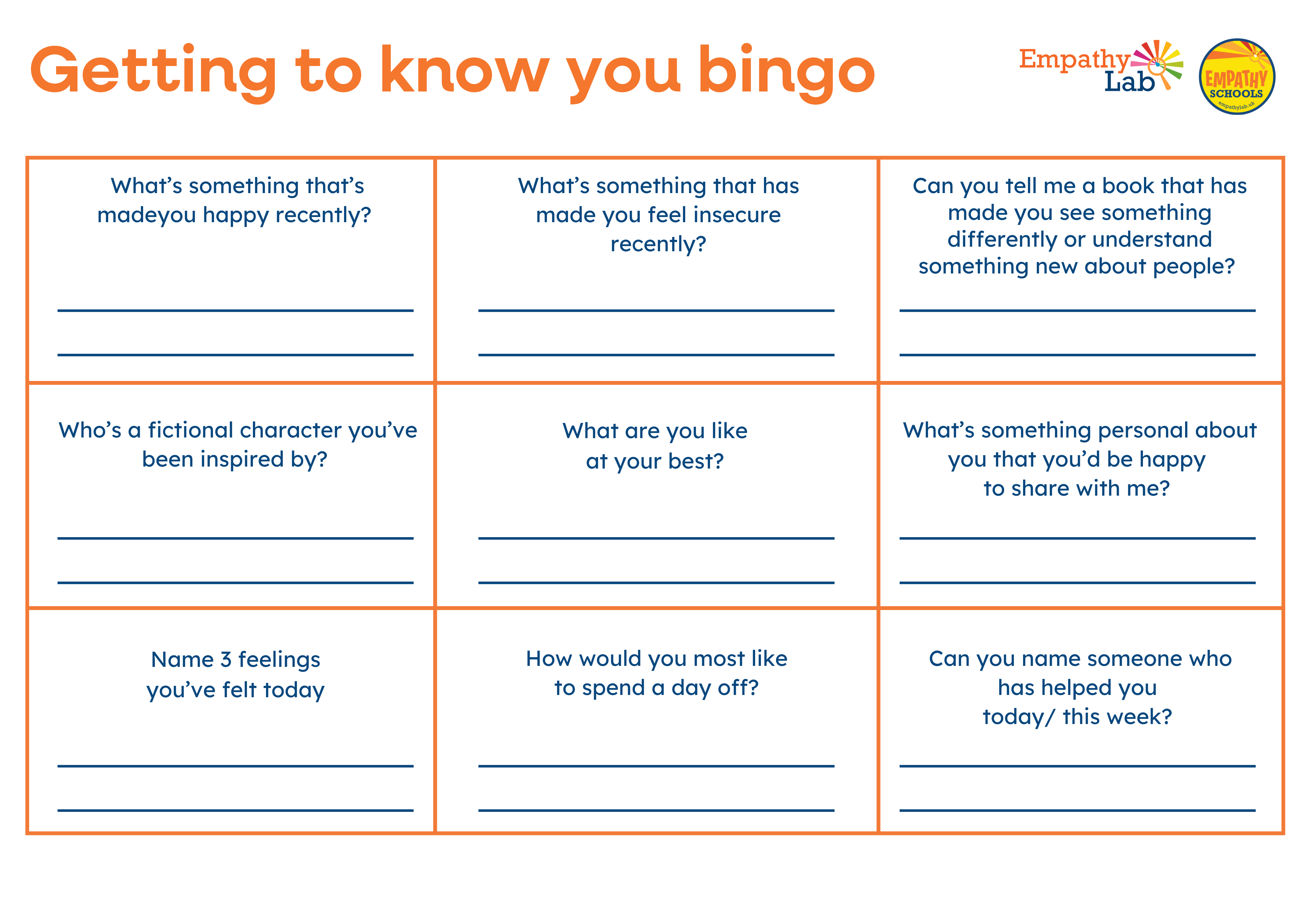 Getting to know you bingo – EmpathyLabUK